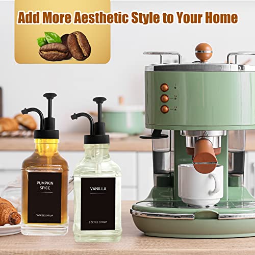 Odaverso 2 Pack 16.9OZ Square Coffee Syrup Dispenser for Bar with Labels & Black Matte Pump, Bottles Home Bar, BPA Free Durable Transparent Glass (ZFX-TJP-BLK)
