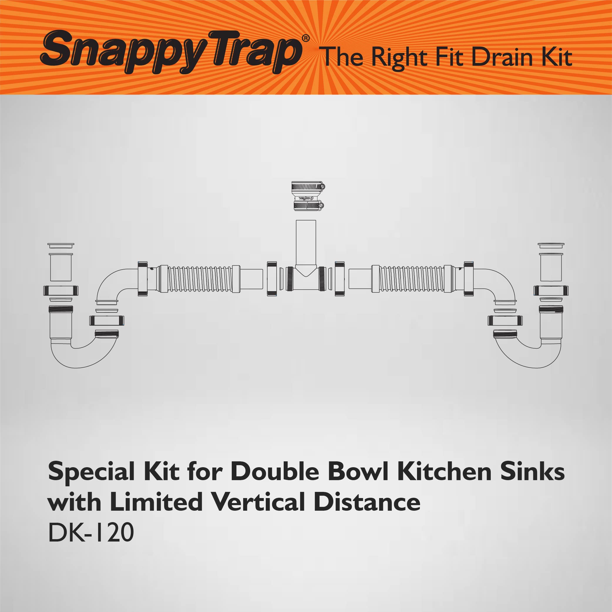 Snappy Trap Special Kit for Double Kitchen Sinks with Limited Vertical Distance between Sink Strainers and Wall Drainpipe