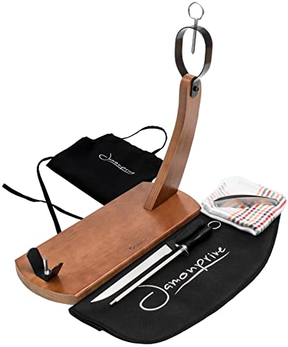 Professional Ham Stand Lacquered with Ham Knife + Sharpening Steel + Ham Cover + Kitchen Cloth + Apron + Tongs - Ham Holder Ideal for Serrano Ham, Iberico Ham and Italian Prosciutto - Jamonprive