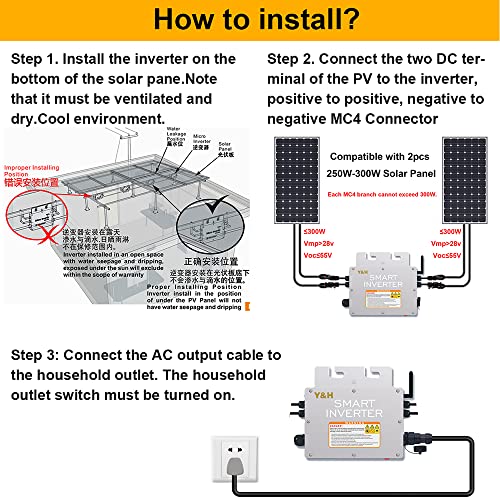 Y&H 600W Grid Tie Micro Inverter with WiF Communication Waterproof MPPT Stackable DC30-60V Solar Input AC110V 220V Auto Pure Sine Wave Output for 30V 36V PV Panel