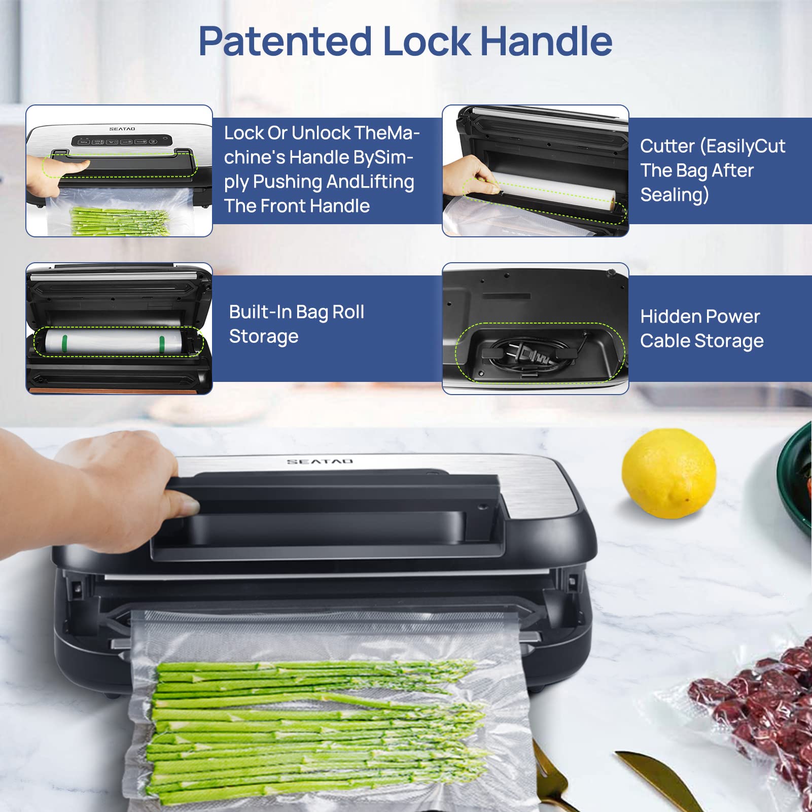 SEATAO Vacuum Sealer Machine, 80Kpa Food Vacuum Sealer Machine Preservation Dry/Moist Modes, Handle Locked Design, Built-in Cutter and Bag Storage, Starter Kit