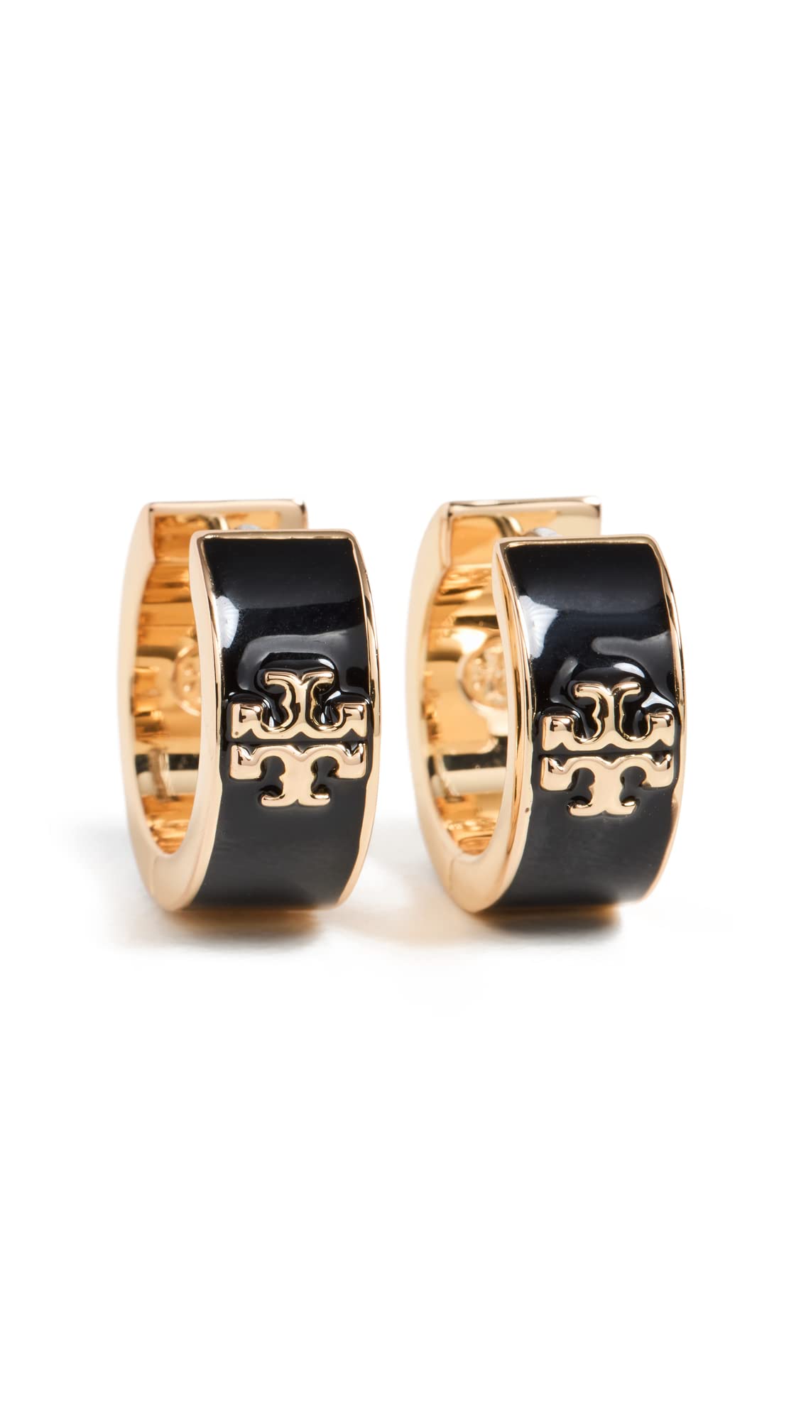 Tory Burch Women's Kira Enamel Huggie Hoop Earrings, Tory Gold/Black, One Size