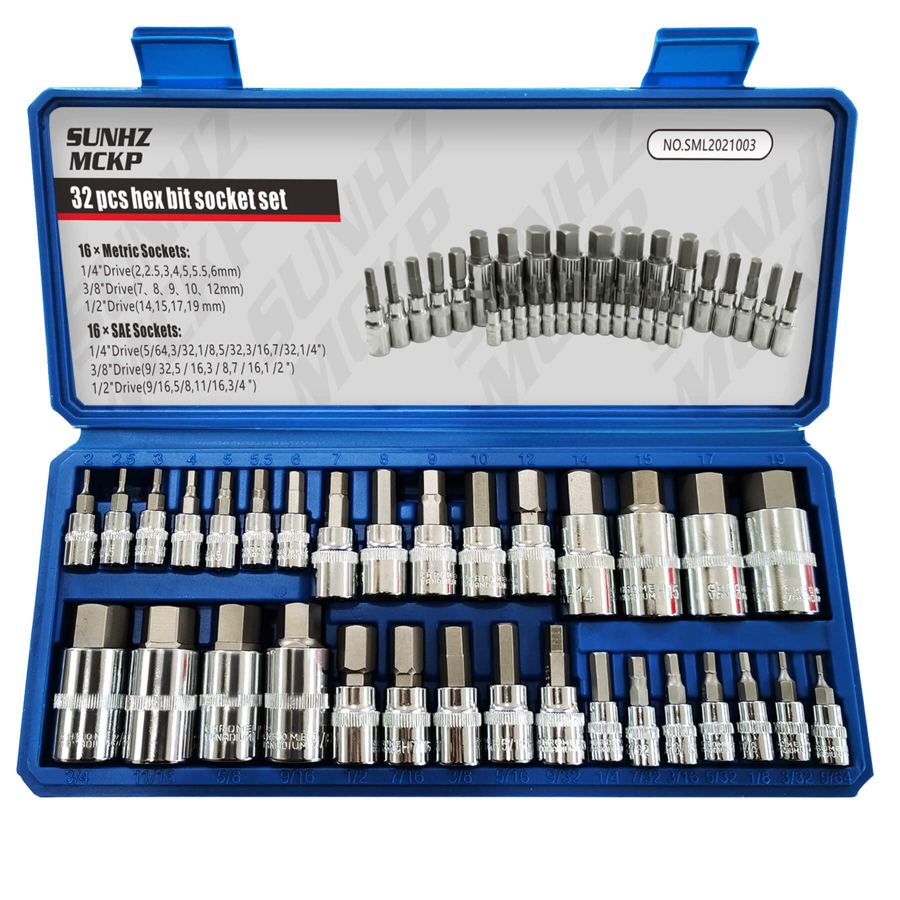 SUNHZMCKP Master Hex Bit Socket Set, 32 Piece 1/4", 3/8", & 1/2" Drives| S2 Steel Machined Bits | Standard SAE and Metric Sized Sockets