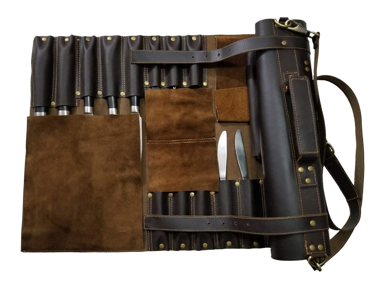PROFESSIONAL CHEF Lightweight Genuine Premium Dark Brown Leather Large Chef Knife Bag/Knife Roll 16 Slots Space #K015