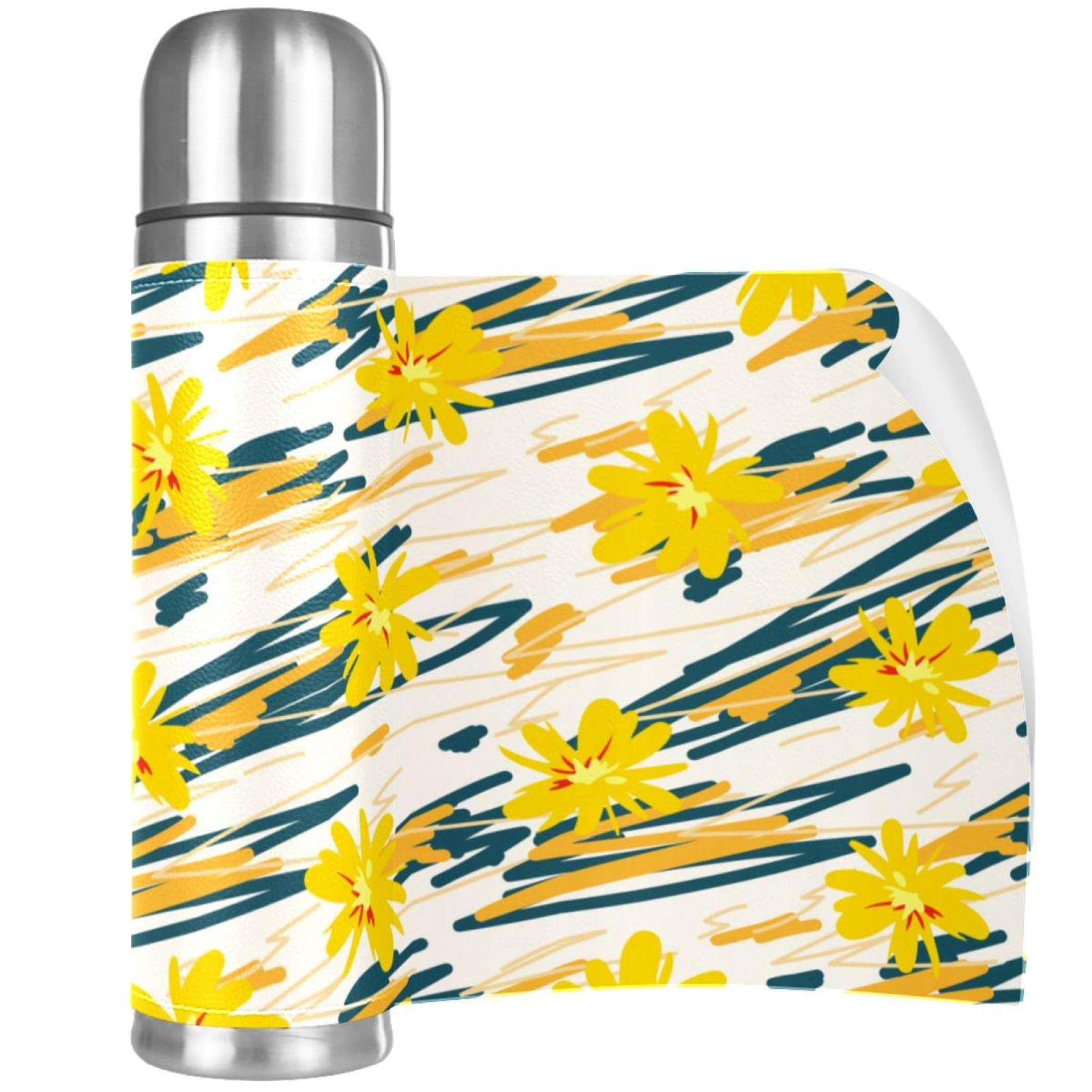 Stainless Steel Leather Vacuum Insulated Mug Yellow Flower Thermos Water Bottle for Hot and Cold Drinks Kids Adults 16 Oz
