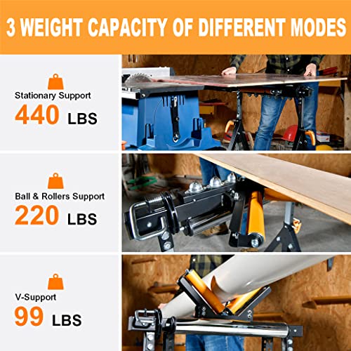 WORKESS 4 in 1 Roller Stand, Stable 440 Lbs Load Capacity with Saw Horses, V-Shaped, Multi-Directional Rollers & Outfeed Roller, Adjustable Height 33โ- 50โ, Folding for Woodworking