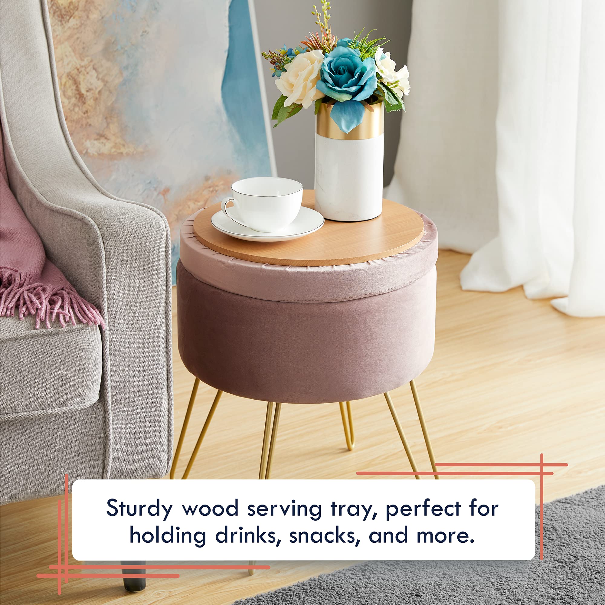 Ornavo Home Modern Round Velvet Storage Ottoman Foot Rest Stool/Seat with Gold Metal Legs & Tray Top Coffee Table - Blush