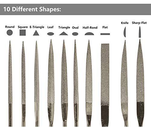 YAKAMOZ 10-Piece Mini Diamond Needle File Set 2x100mm Small Metal Riffler Files Jewelers File Precision Hand Tools for Glass Wood Stone Jewelry - Round Triangular Square Flat Shape