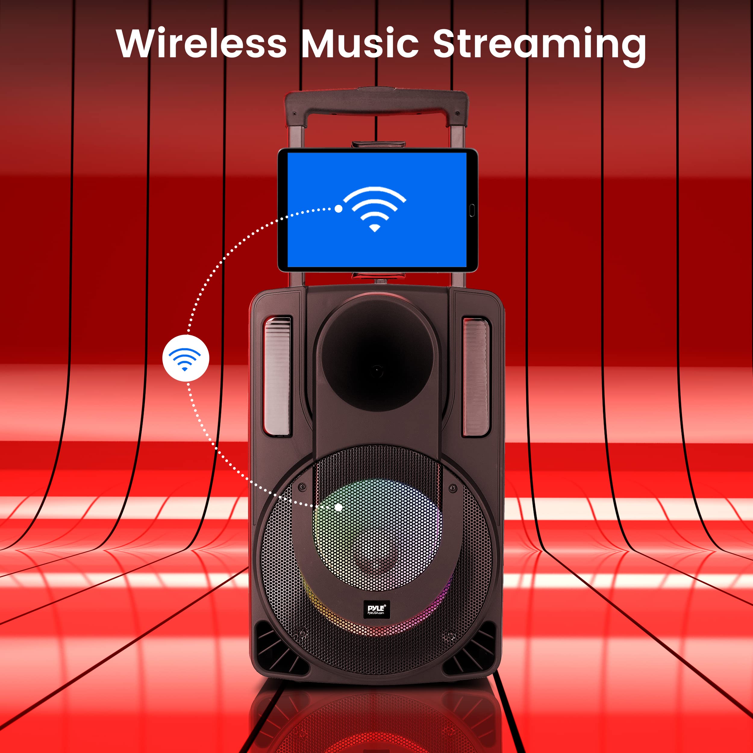 PyleUsa 8ββ Portable PA Speaker System - Wireless BT Streaming PA & Karaoke Party Audio Speaker, Two Wireless Mic, Wired Microphone, Tablet Stand, Flashing Party Lights, MP3/USB//FM Radio - PHPWA8TB