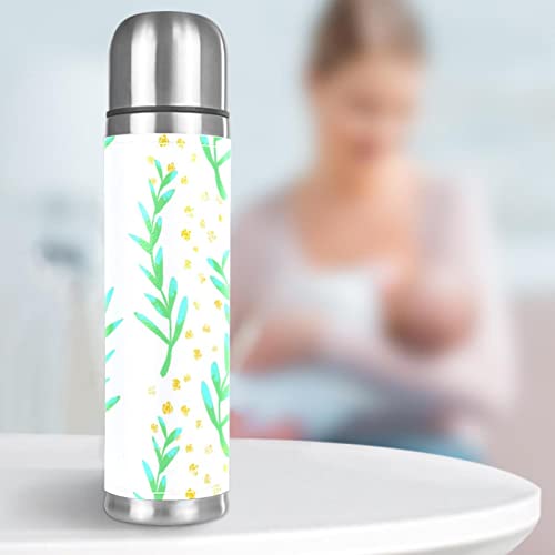 Stainless Steel Leather Vacuum Insulated Mug Leaves Thermos Water Bottle for Hot and Cold Drinks Kids Adults 16 Oz