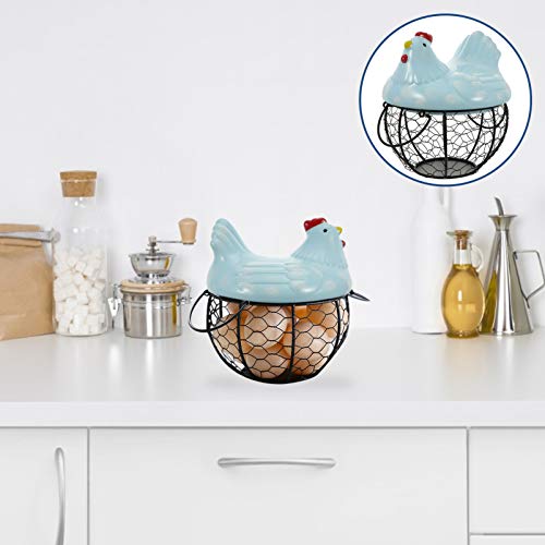 Round Chicken Wire Egg Baskets, Rustic Metal Egg Baskets for Fresh Eggs with Handle, Egg Holder Countertop Basket with Ceramic Lids, Country Farmhouse Vintage Style Gathering