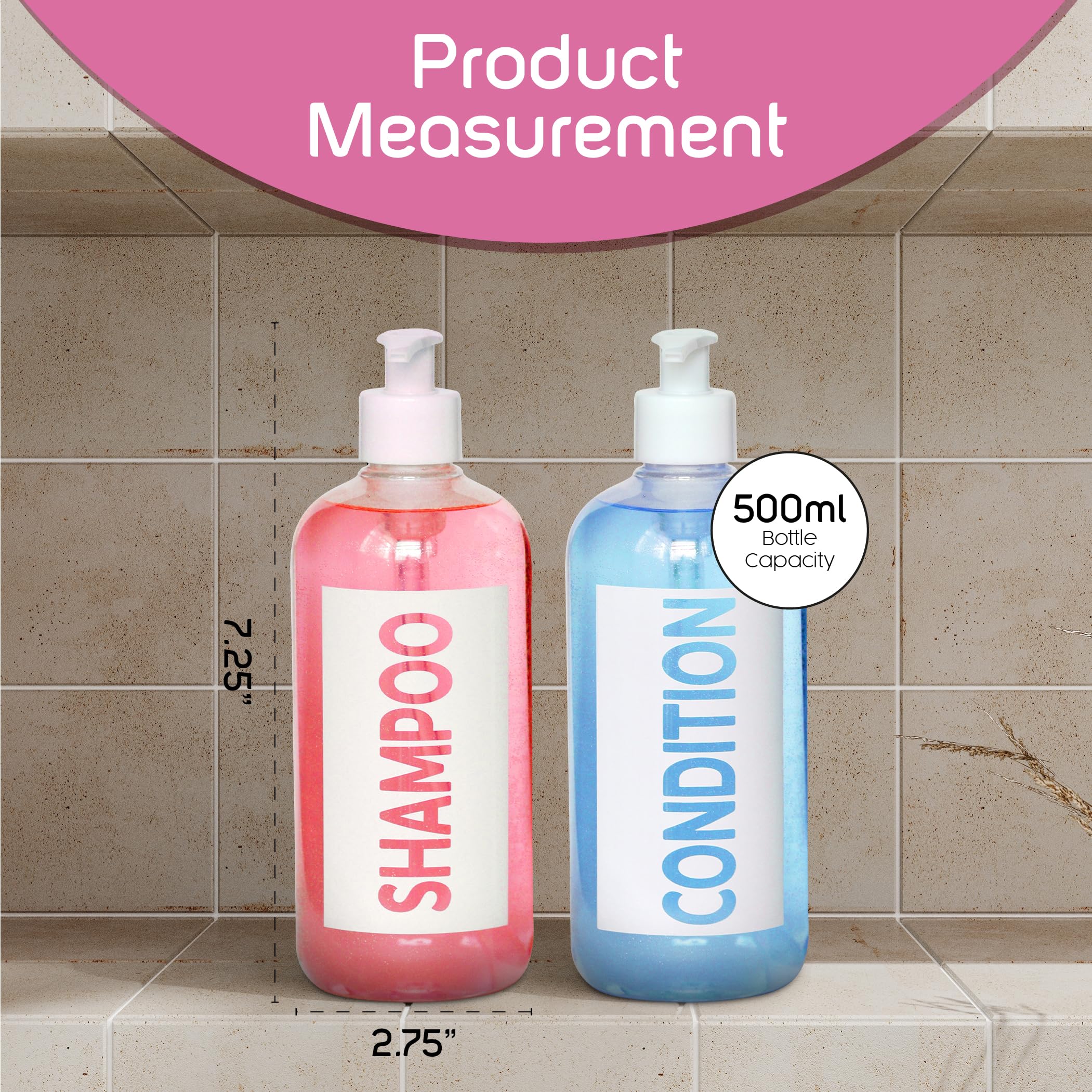 Modern Refillable Shampoo and Conditioner Dispensers by AylaMae | 500ml / 16.9oz PET Plastic Bottles (Clear)