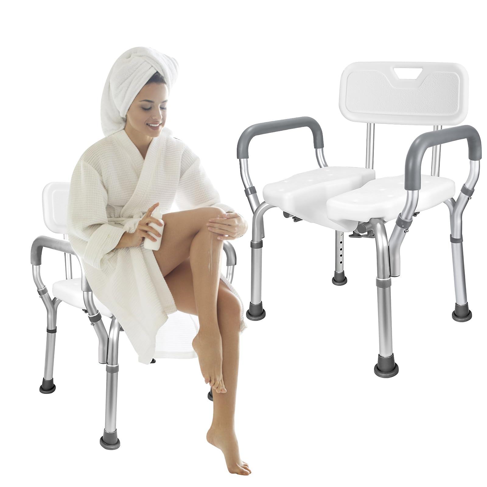 Retoreath Shower Chair with Back and Arms, Slip Resistant Bath Chair with Adjustable Height, U-Shape Groove Cutout for Private Cleaning, for Handicap, Disabled, Seniors & Elderly
