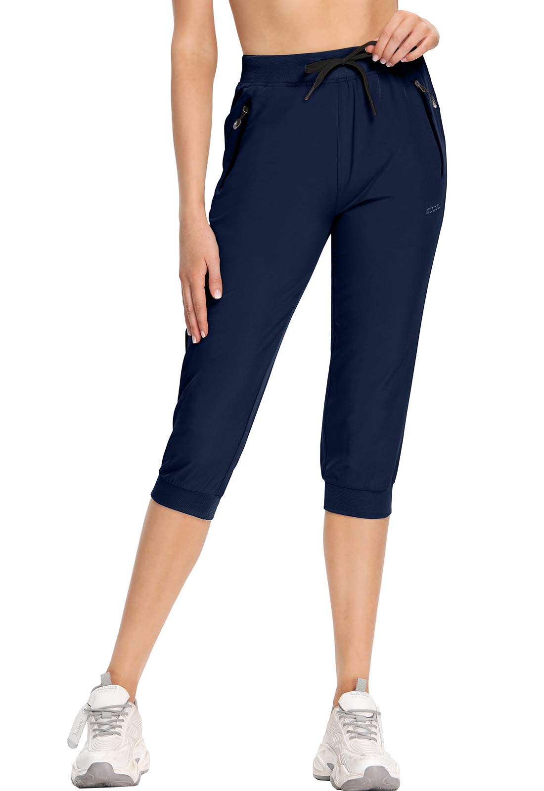 MOCOLY Women's Joggers Capris Cargo Pants 3/4 Hiking Capris Lightweight Running Sweatpants Water Resistant Casual Outdoor Navy Blue Large
