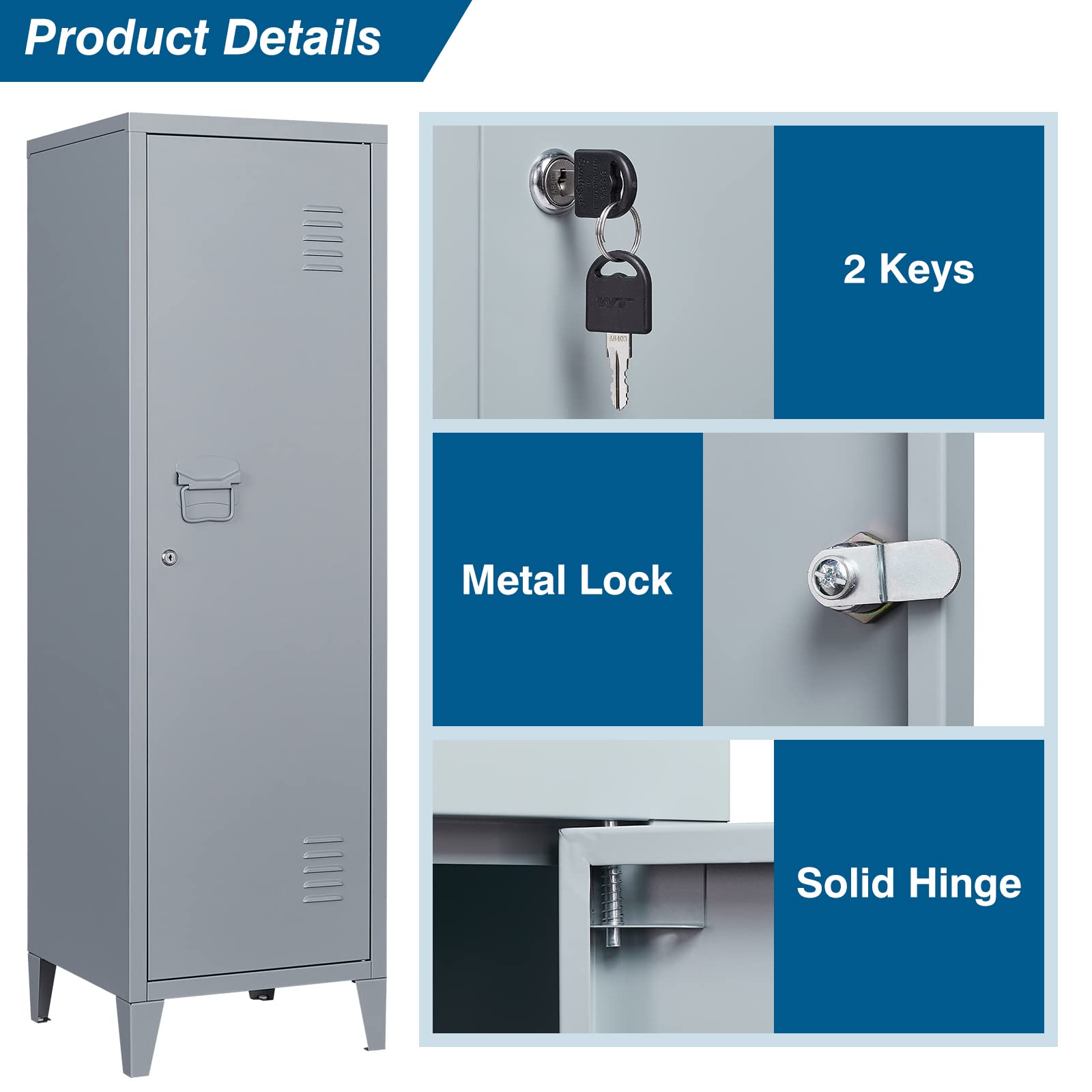 PEUKC Metal Storage Locker, 50" Tall Locker Storage Cabinet for Employees, 3-Tier Storage Cabinet Locker with Lock and Keys for School, Gym, Home, Office Staff (Retro, Assemble Required)