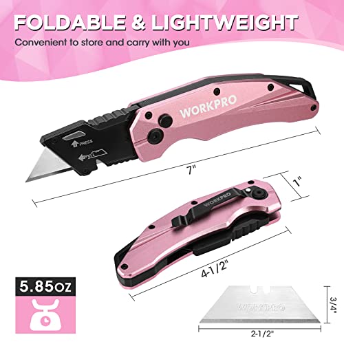 WORKPRO Folding Utility Knife, Quick Change SK5 Pink Box Cutter, Aluminum Handle Razor Knife for Boxes, Cartons, Cardboard, 10 Extra Blades Included - Pink Ribbon