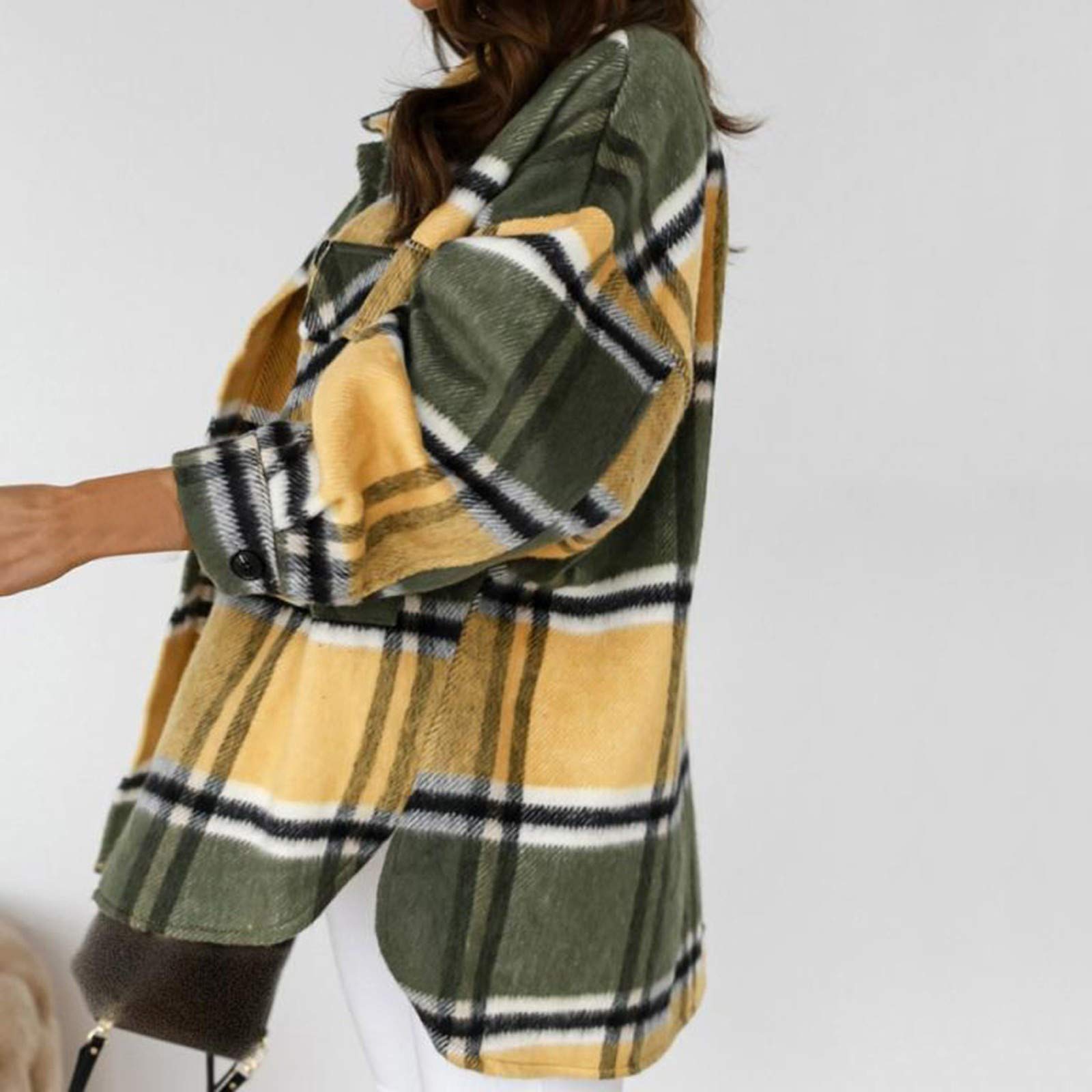 Plaid Shacket Womens, Womens Corduroy Button Down Shirts Boyfriend Long Sleeve Oversized Blouses Tops Plaid Jackets for Women Yellow