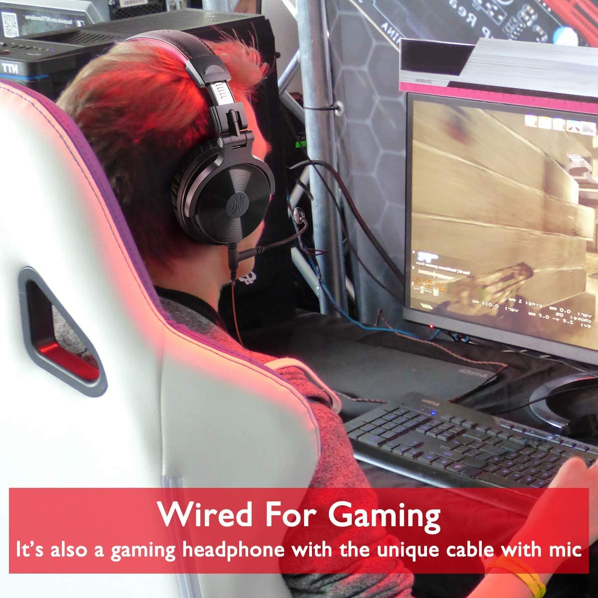 OneOdio Bluetooth Over Ear Headphones with 110Hrs Playtime Wired Gaming Stereo Headsets with Boom Mic for PS4, Xbox one, PC, Wireless Headset for Phones, Laptop, Office - Studio Wireless(Y80B) (Red)