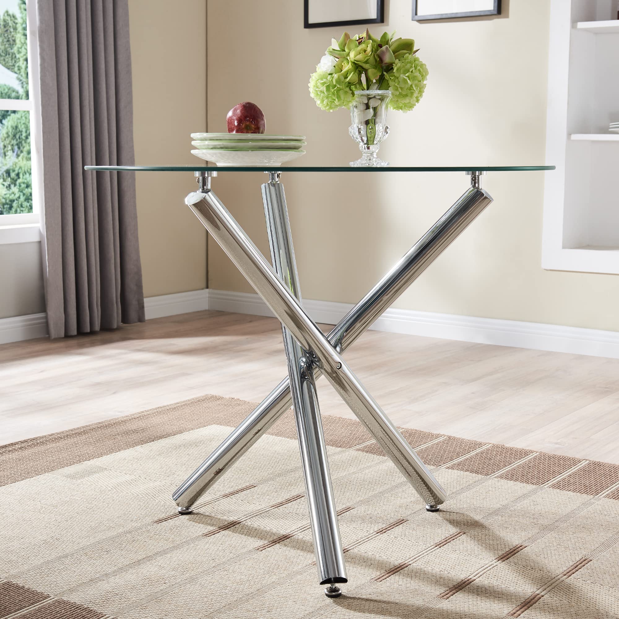 Modern Round Dining Table with Clear Tempered Glass Top, 3 Chrome Legs Kitchen Table for 2 or 4 Person,Round Dining Table Furniture for Home Office Kitchen Dining Room(W 35.4 x L 35.4 x H 29.5 inch)