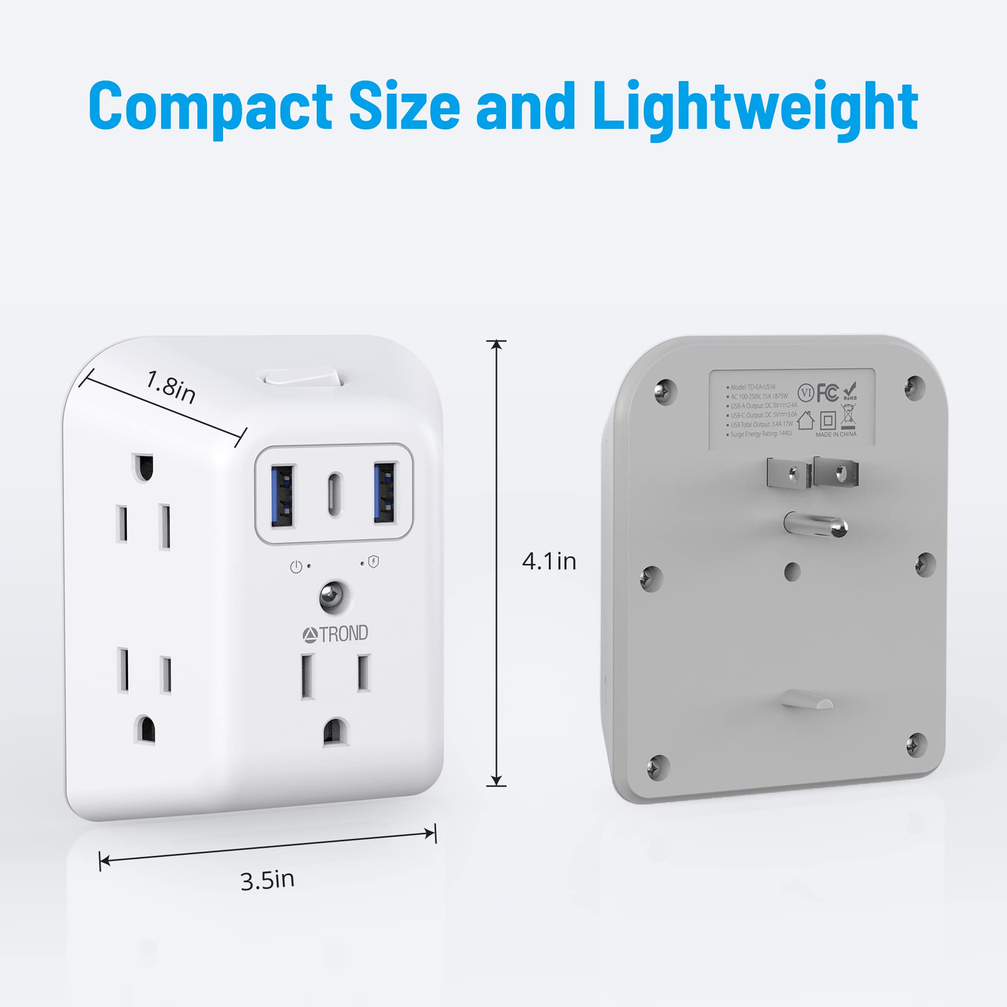 TROND Surge Protector Outlet Extender - 5 Outlet Splitter with 3 USB Ports (1 USB C), Multi Plug Outlet Expander with ON/Off Switch, 3 Sided Multiple Wall Plug Power Strip for Home Travel Office