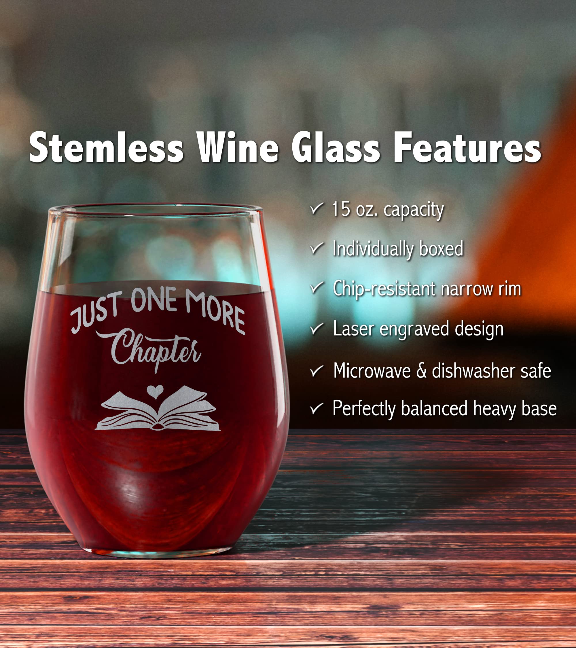 Promotion & Beyond Just One More Chapter Reader Gift, Book Lover, Book Club Gift Stemless Wine Glass for Moms Aunts Sisters Friends Colleagues
