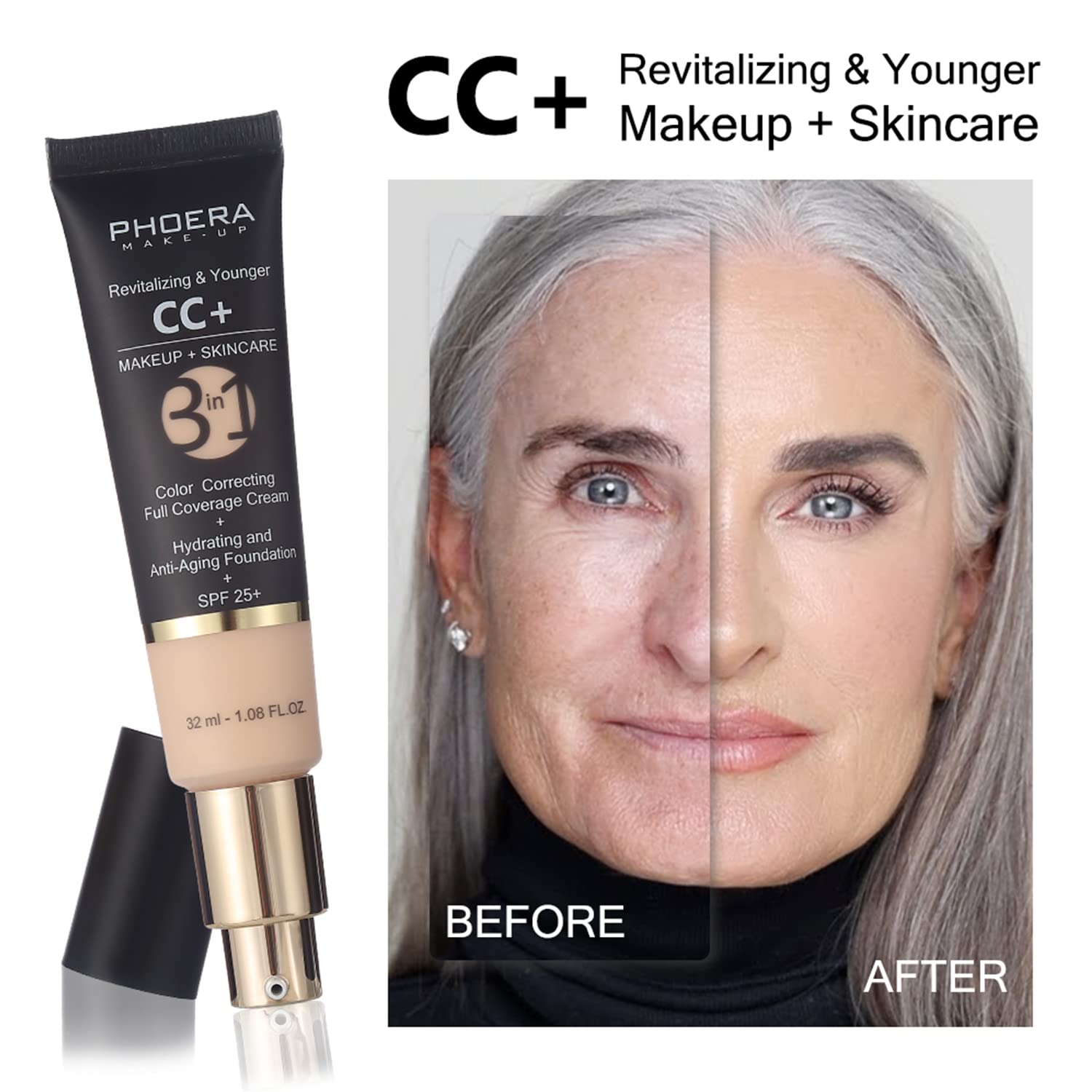 PHOERA CC+ Cream,Full Coverage Foundation,Color Correcting Cream,Anti Aging Hydrating Serum & SPF 25+ Sunscreen - Natural Finish - 1.08 fl oz (120 Nude)