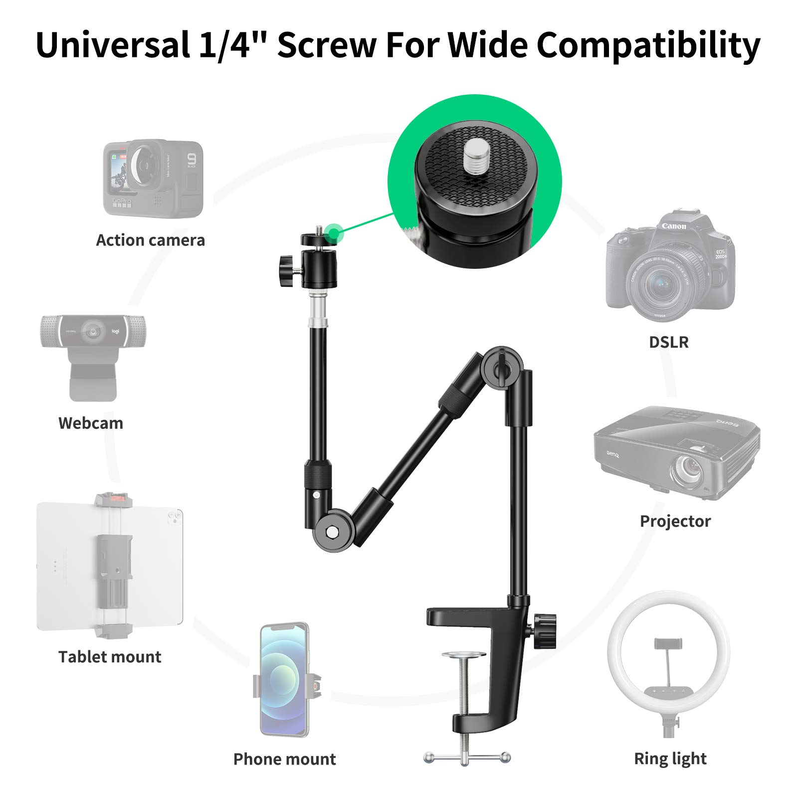 Webcam Stand Camera Mount with Phone Holder & 5/8" Screw, 25in Flexible Projector Stand Gooseneck Desk Mic Stand for Logitech C922 C930e C920 C615 C960 Brio 4K, GoPro, Blue Yeti Snowball Ice