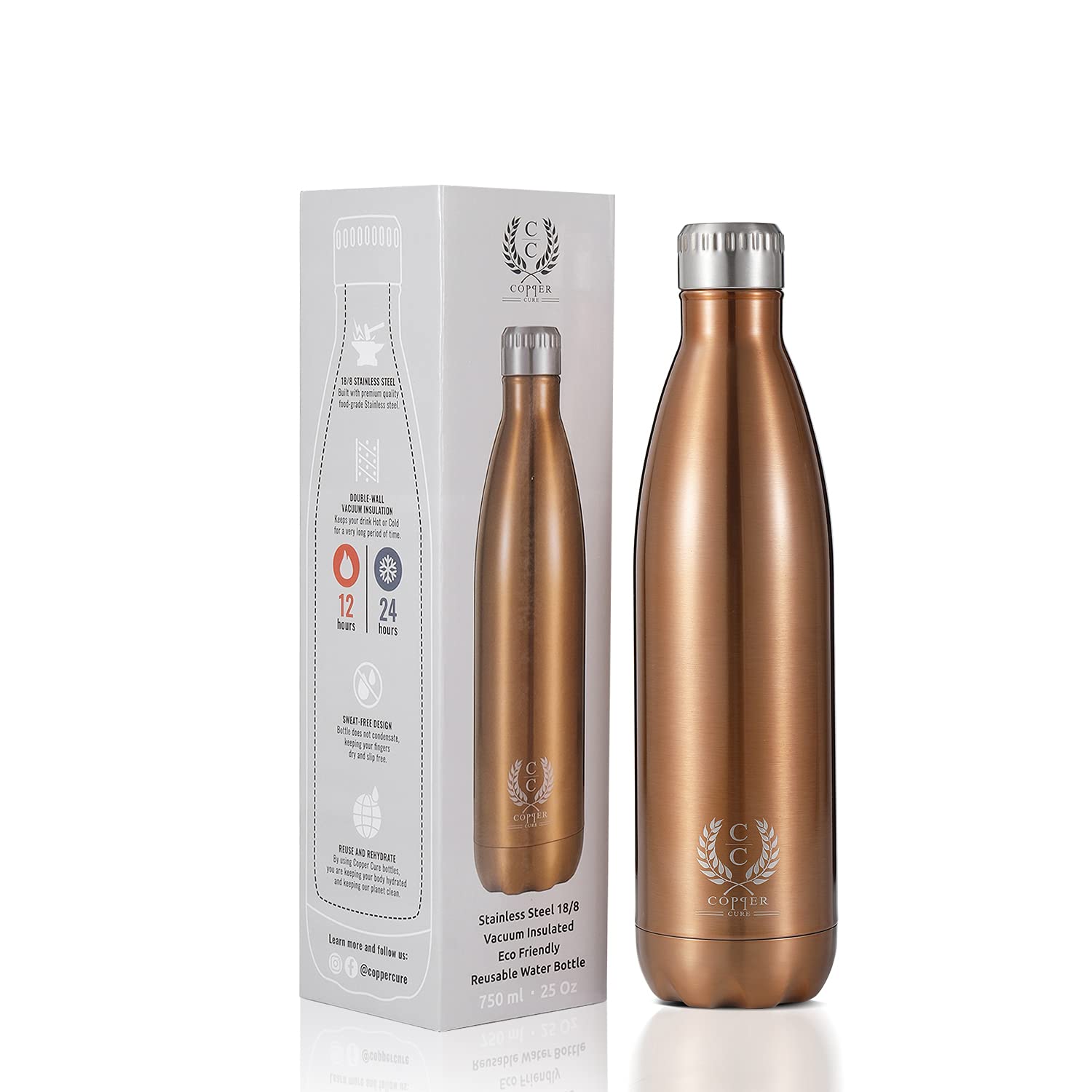 Stainless Steel Double Walled Water Bottle, Vacuum-Insulated Water Thermos 750 ML Copper
