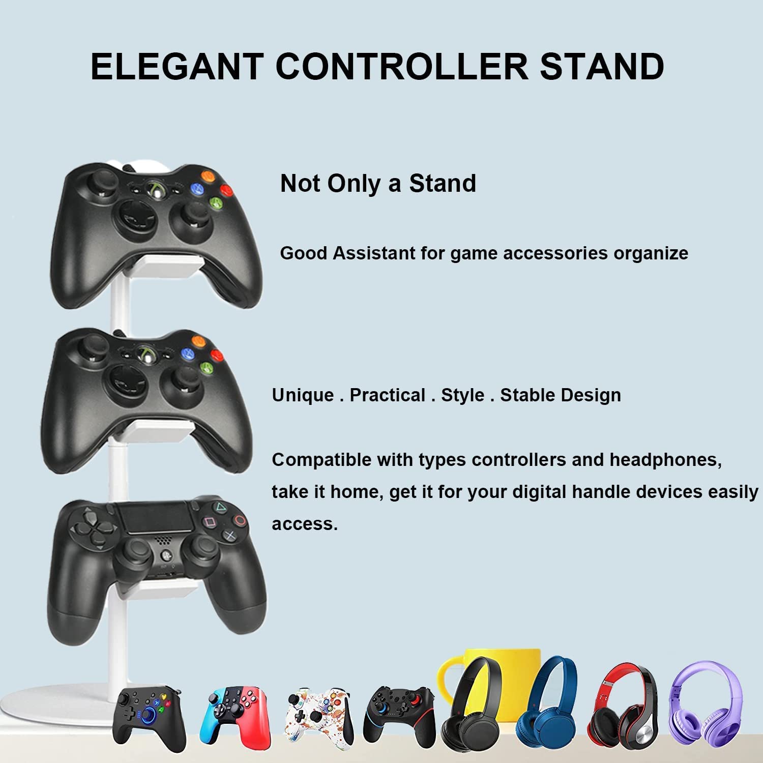 Xnuoyo 3 Tier Controller Holder,Universal Adjustable Game Controller Stand/Game Organizer,2 in 1 Game Controller Stand Holder Storage Organizer,Headset Hanger Game Universal Accessories White (White)