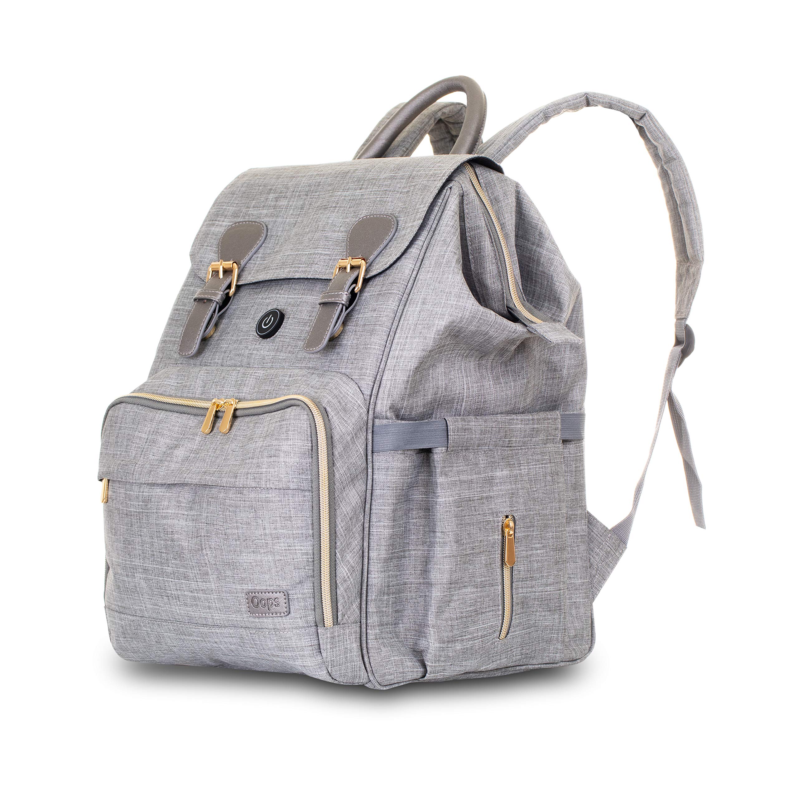 OOPSABABY Diaper Bag Backpack with Cleaning Lights; connect to juice pack or wall adapter; Designer Gray with Rose Gold Hardware Diaper Bag Organizer for Baby Boy or Girl