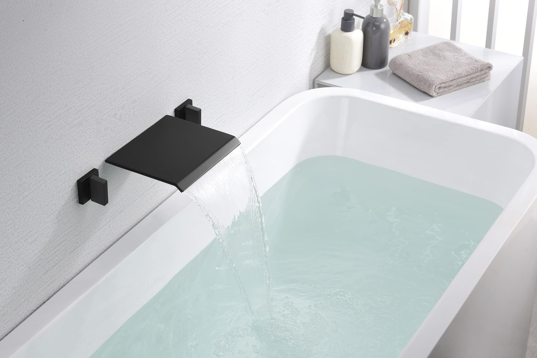 SUMERAIN Matte Black Wall Mount Bathtub Faucet Waterfall Tub Filler Two Handles High Flow Rate