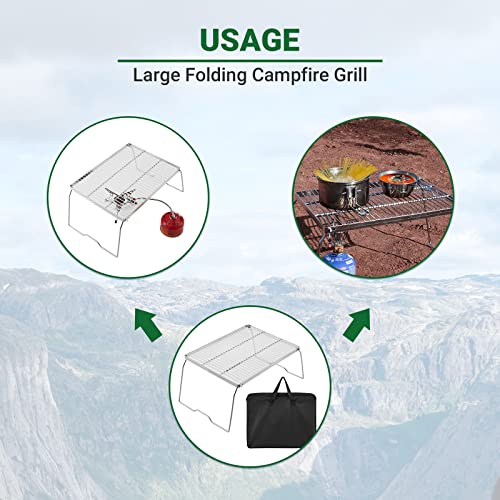 YETO Two Hight Camping Grill Grate with Legs 304 Stainless Steel Folding Campfire Over Fire Portable and Carrying Bag for Outdoor Cooking BBQ Picnic Hiking, Silver-Large, 16.3 x 12.2 x 8.6 inches