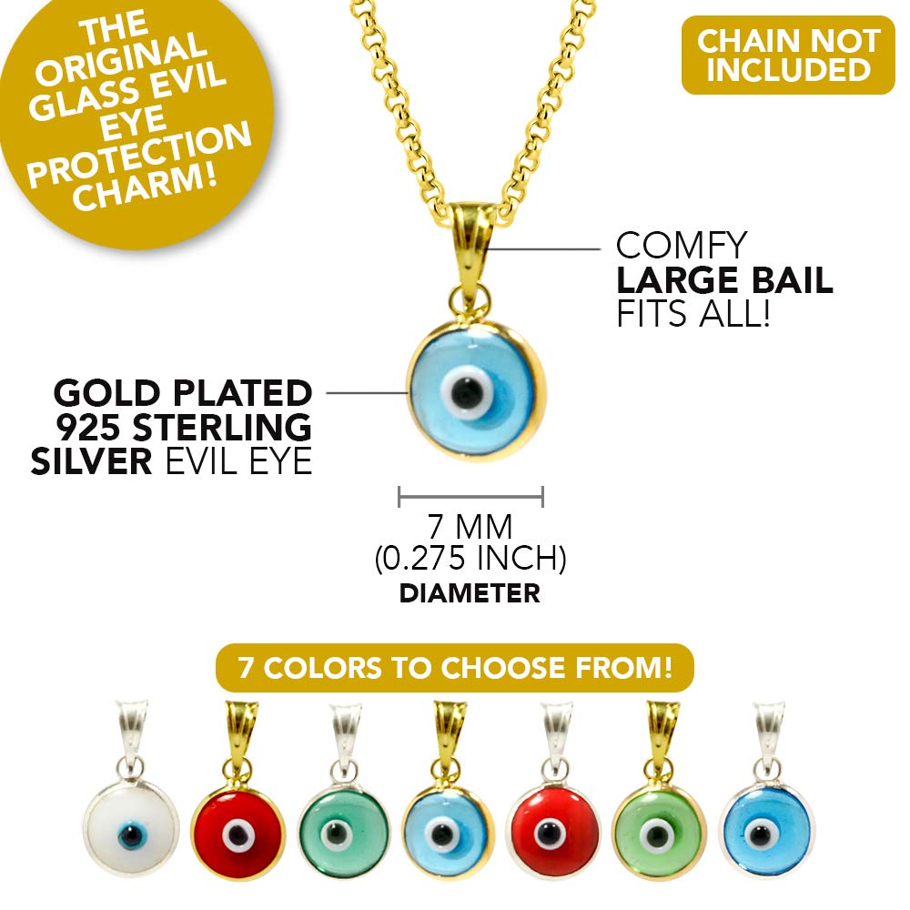 MIZZE Made for Luck Gold Plated 925 Sterling Silver 7 MM Transparent Blue Round Glass Evil Eye Charm (Pendant Only)