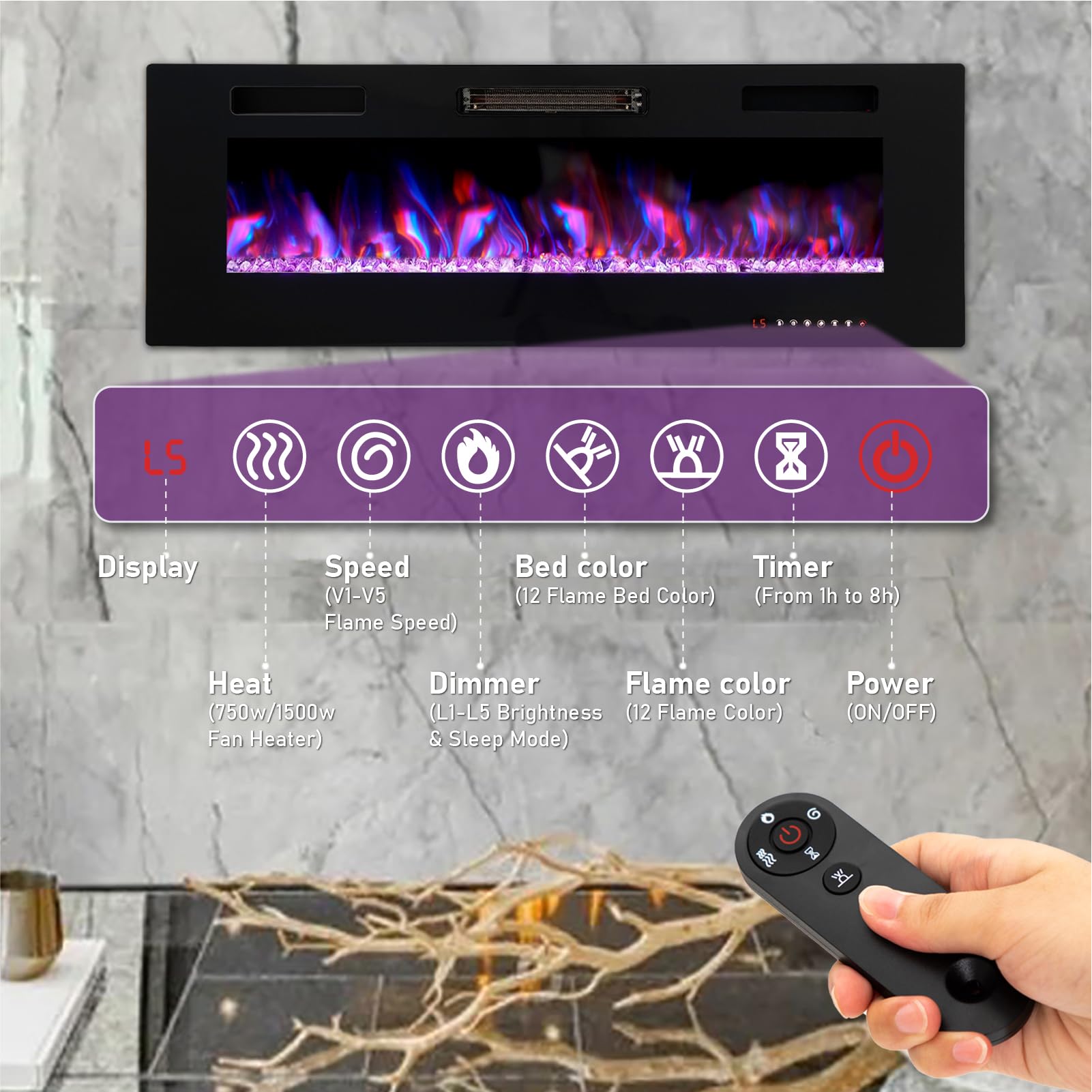 PHI VILLA 50" Electric Fireplace Wall Mounted & Recessed, 3.86" Ultra-Thin Linear Fireplace 750/1500W with Remote Control, Fit for 2 x 4 6 Stud, Low Noise, Timer, Adjustable Flame Color & Speed