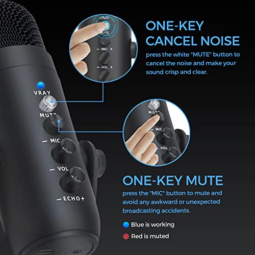 PtevSoh Professional Cardioid Condenser Microphone, Plug and Play, One-Key Mute, Real-time Monitor, Gain Adjustment, Noise Reduction, Compatible with PC, Mac, PS4/5.