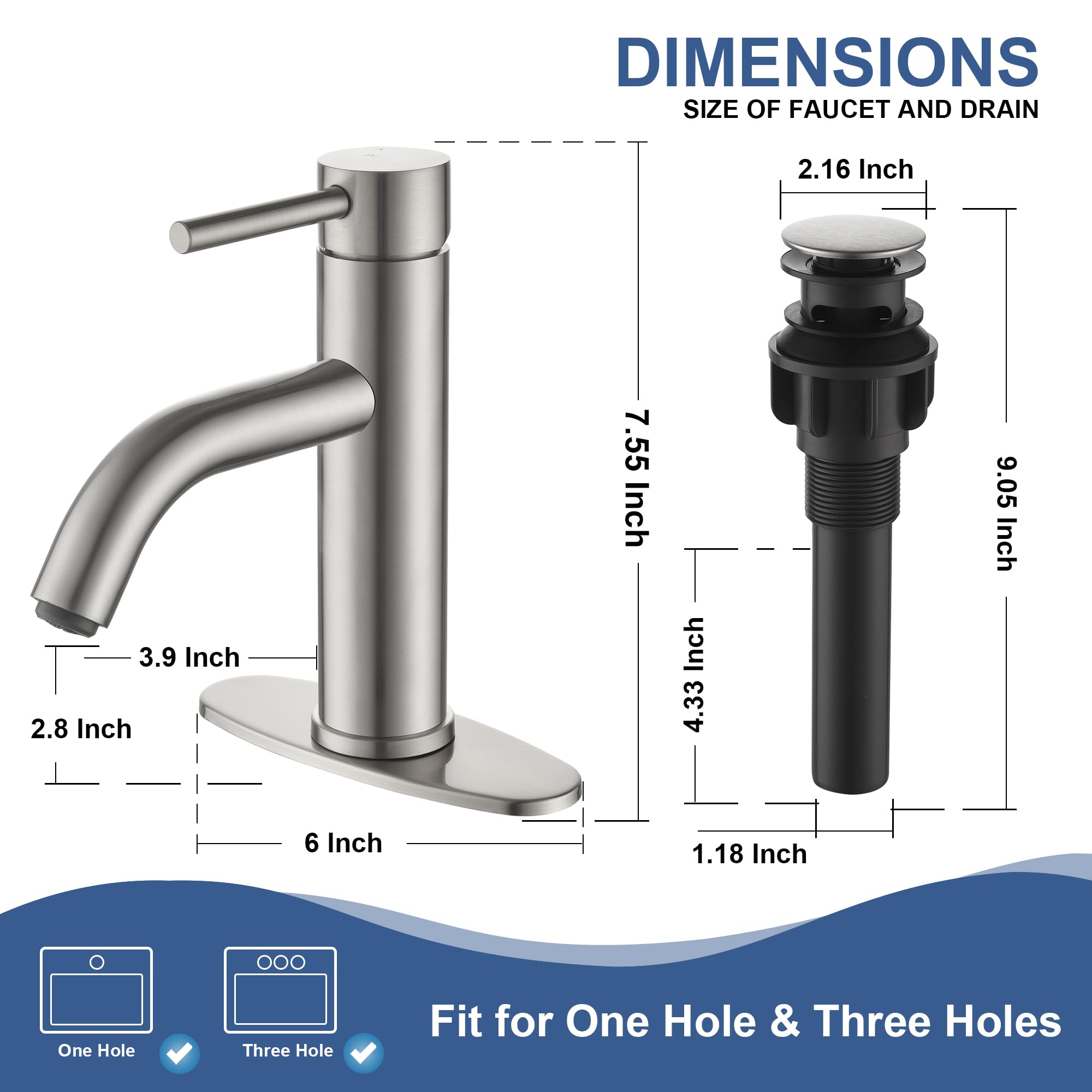 PHICHI Brushed Nickel Single-Handle Bathroom Faucet, 1 or 3 Hole Basin Bath Tap with Pop Up Drain and Deck Plate, Modern One-Hole RV Faucet Washbasin Faucet Countertop