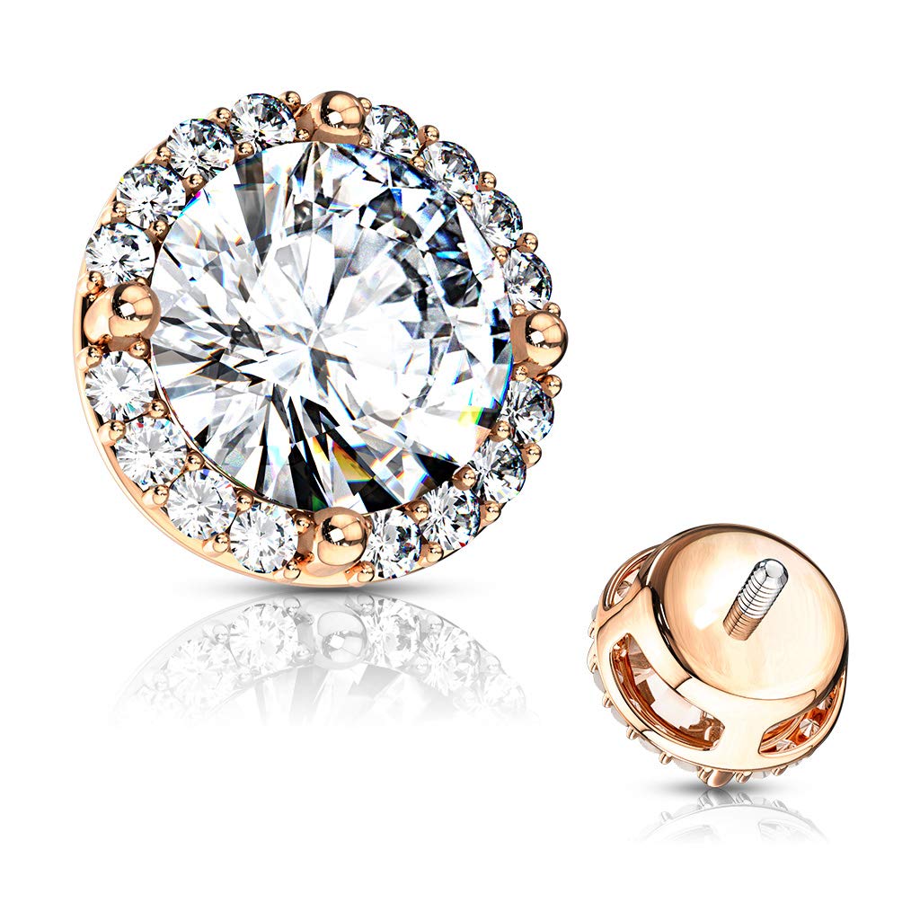 MoBody 14G Round Prong Set CZ Center with CZ Edges Around Internally Threaded Dermal Anchor Body Piercing Top (Rose Gold-tone/Clear)