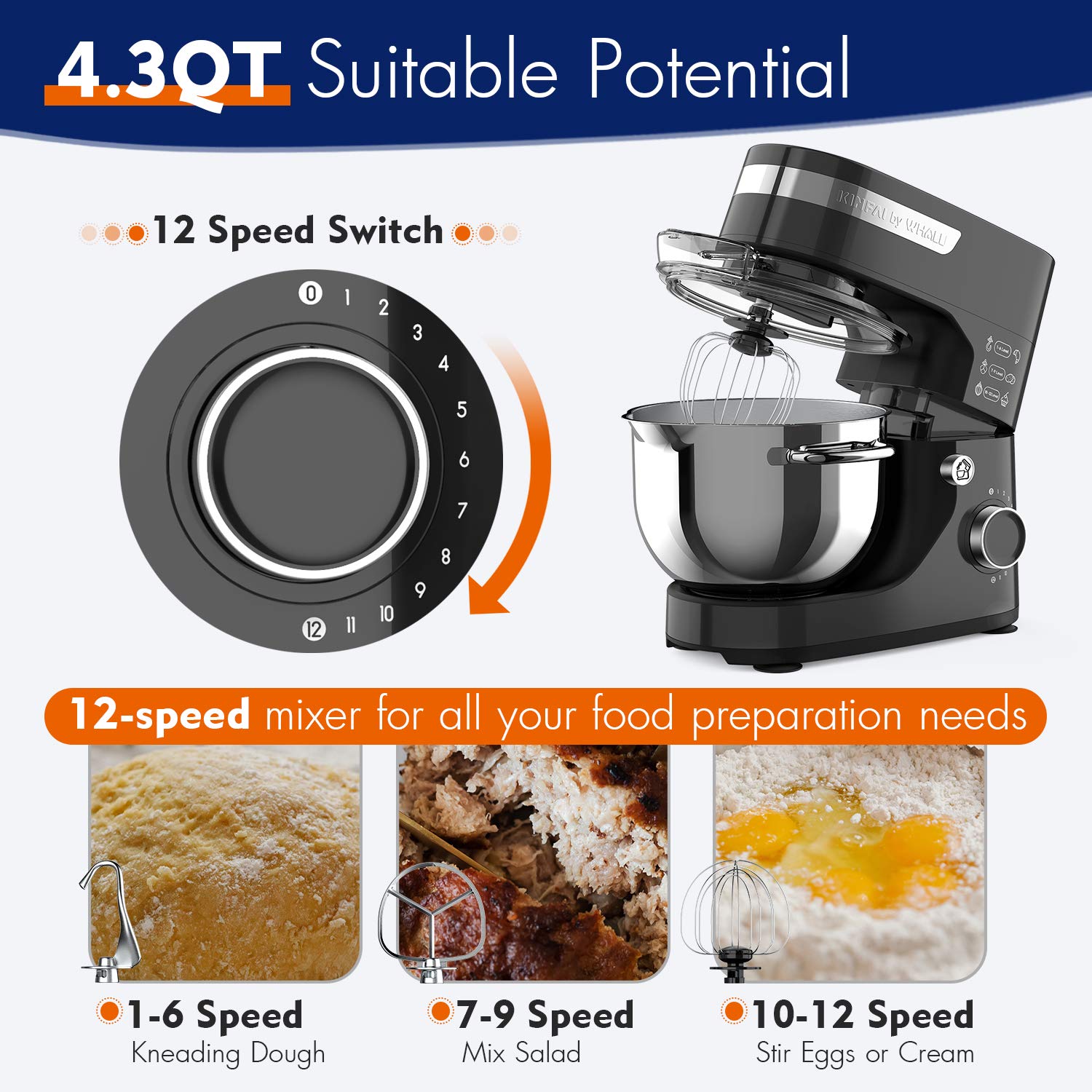 Stand Mixer, whall 12-Speed Tilt-Head Kitchen Mixer,for Baking Bread,Cakes,Cookie,Pizza,Salad, Electric Food Mixer with Dough Hook/Wire Whip/Beater, Stainless Steel Bowl,(black)