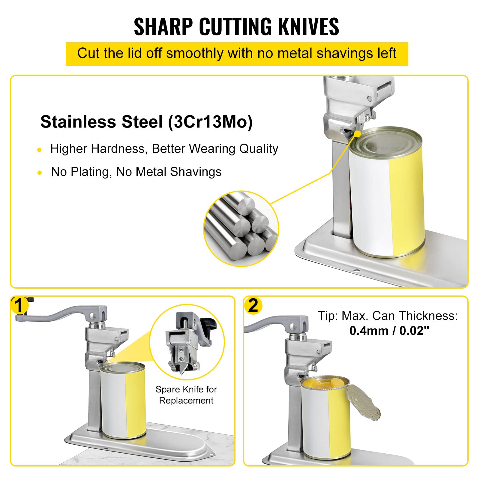 VEVOR Commercial Can Opener, 23.2"/59cm Long, Stainless Steel Manual Table Can Opener for Up to 15.7"/40cm Tall, Fixed with Clamp or Screws, Ergonomic Swing Handle & One Spare Knife, for Restaurants