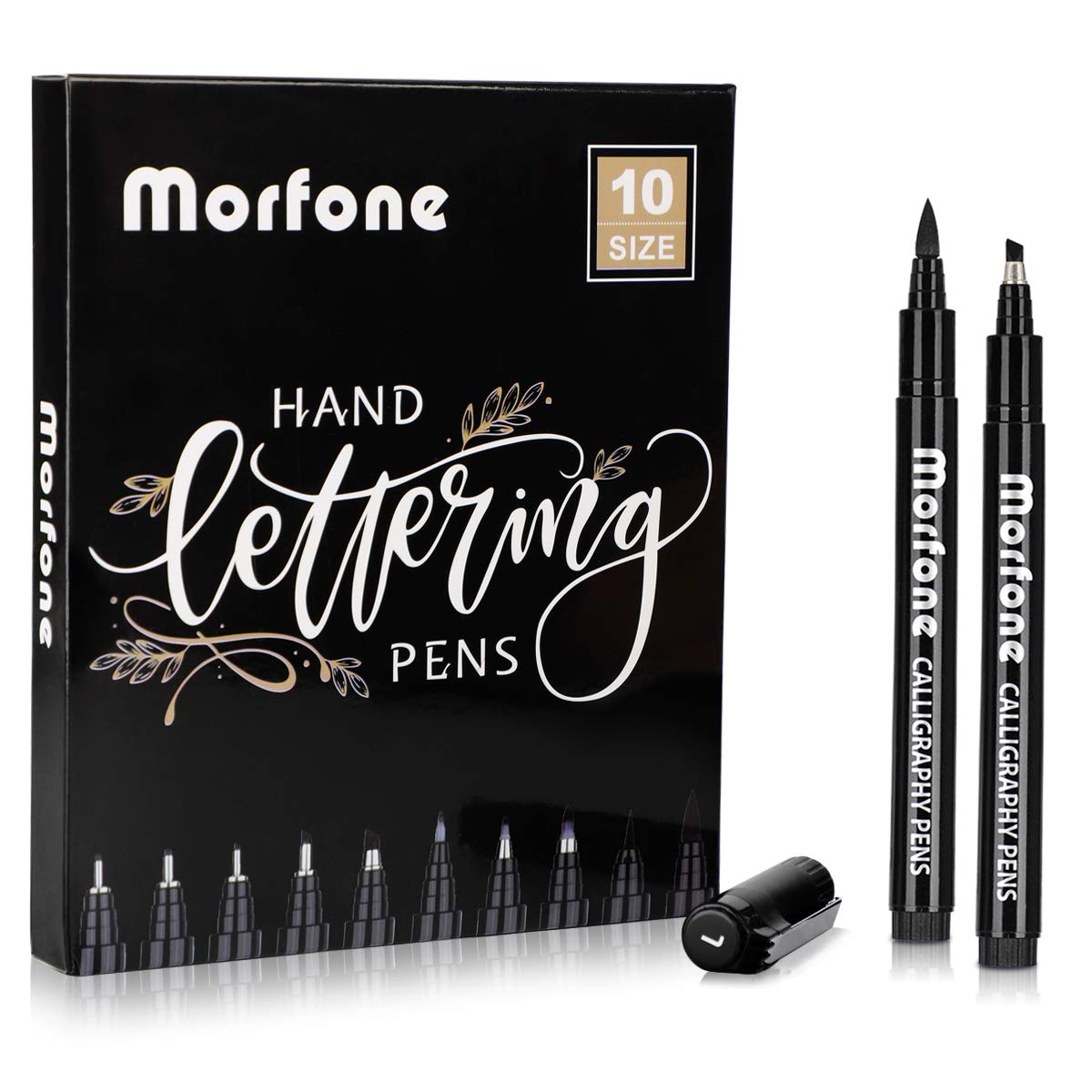 Morfone 10 Size Hand Lettering Pens Calligraphy Brush Pens Black Ink Markers Set Art Kit for Beginners, Hand Writing, Drawing, Sketching, Journaling, Illustrations