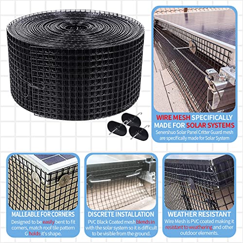 Senershuo 6in X 120ft Solar Panels Mesh for Bird.Solar Panels Bird proofing,Pest Barrie .60 Fastener Clips,Black PVC Coated Steel Solar Panel Fencing