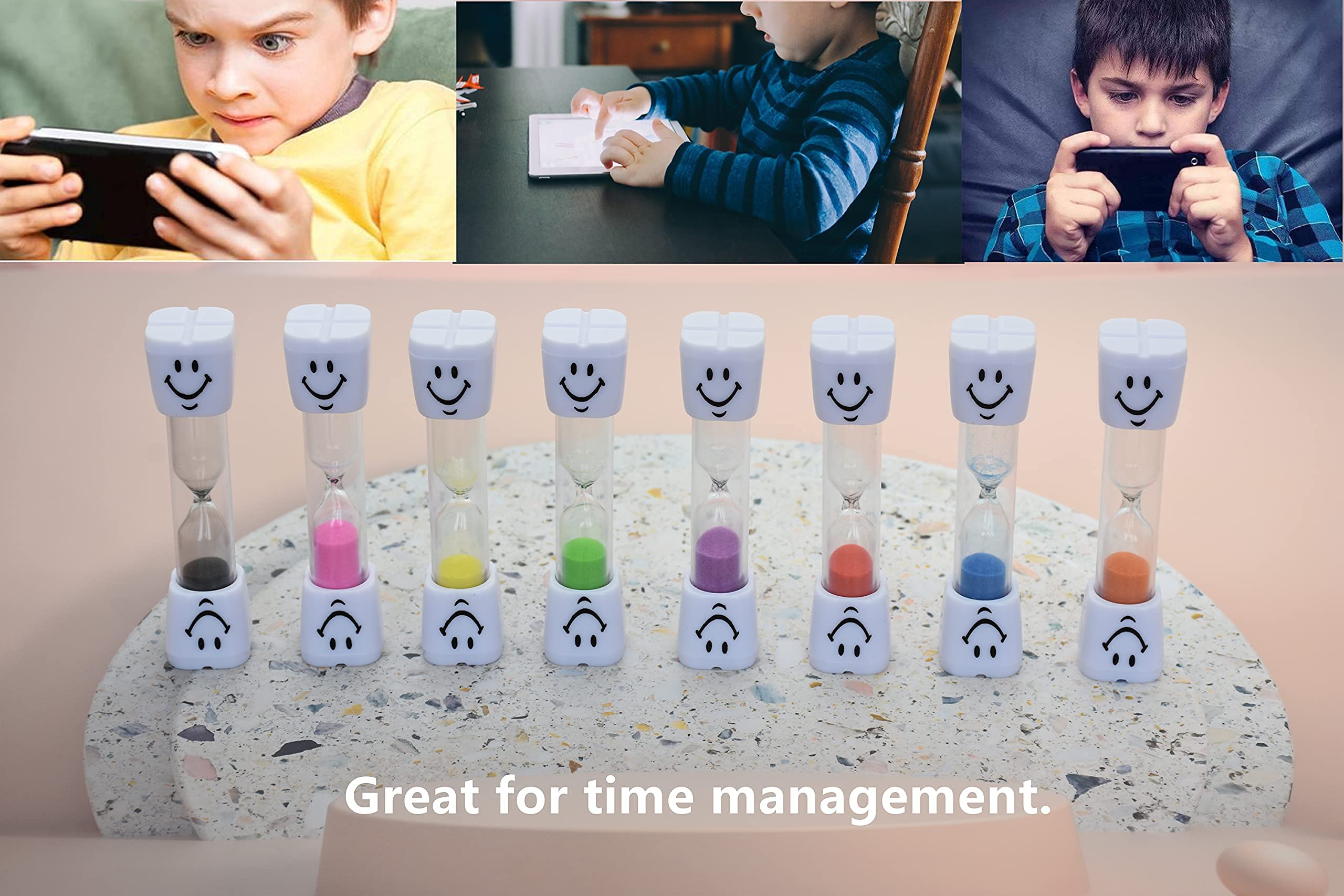 Yuronam 2 Minute Sand Timer Set, 8 Pack Colorful Smiley Hourglass Timers for Kids Proper Tooth Brushing