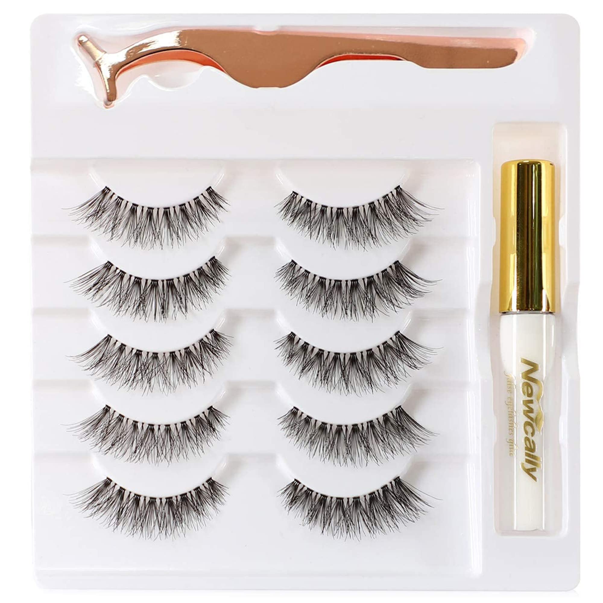 Newcally Lashes Wispy Fake Eyelashes with Glue Set 5 Pairs Natural 3D False Lashes Fluffy Volume Long Strip False Eye Lashes Handmade Luxurious Fake Lashes Pack