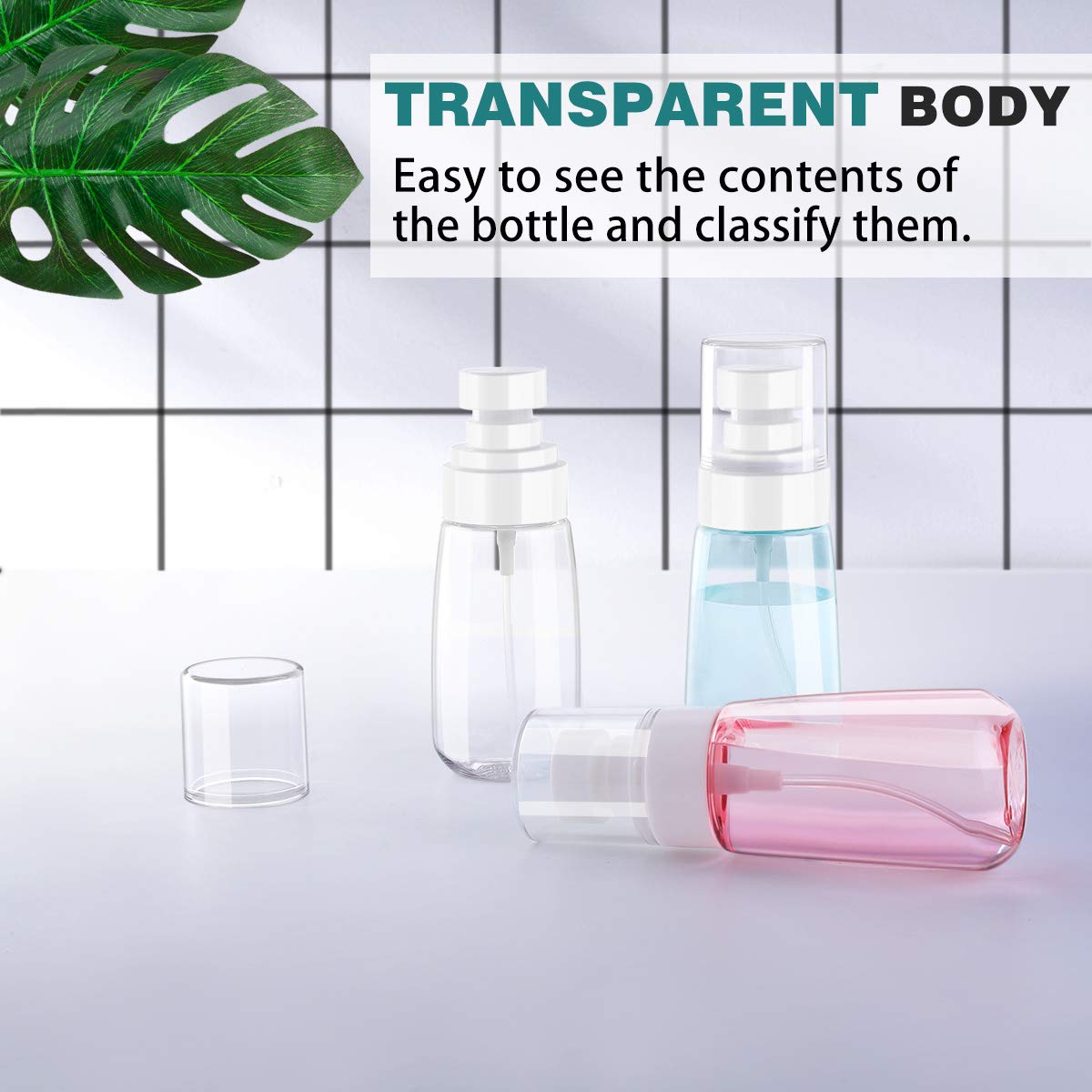 MoKo 3-pack Travel Fine Mist Spray Bottles, 2.03oz / 60ml Portable Refillable Spray Container Bottle Sprayer for Skincare Perfume Toning Lotion Toner Water Alcohol Makeup Remover, Green & Pink & White