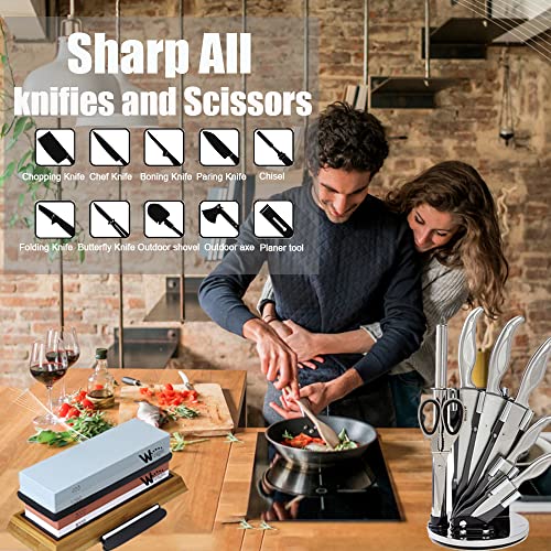Wucgea Knife Sharpening Stone Kit - 400/1000 3000/8000 Grit Japanese Whetstone Sharpener set with Non-slip Rubber Base Angle Guide Flattening stone and Leather Stropā¦