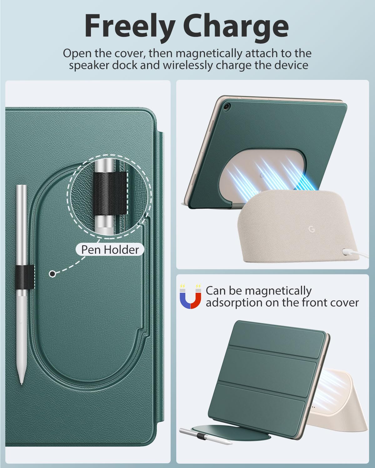 MoKo for Google Pixel Tablet Case 2023, Foldable Design + Ultra Thin Slim Leather PC Trifold Stand Cover+with Pencil Holder,Case for Pixel Tablet 2023, 11 inch, Dark Green