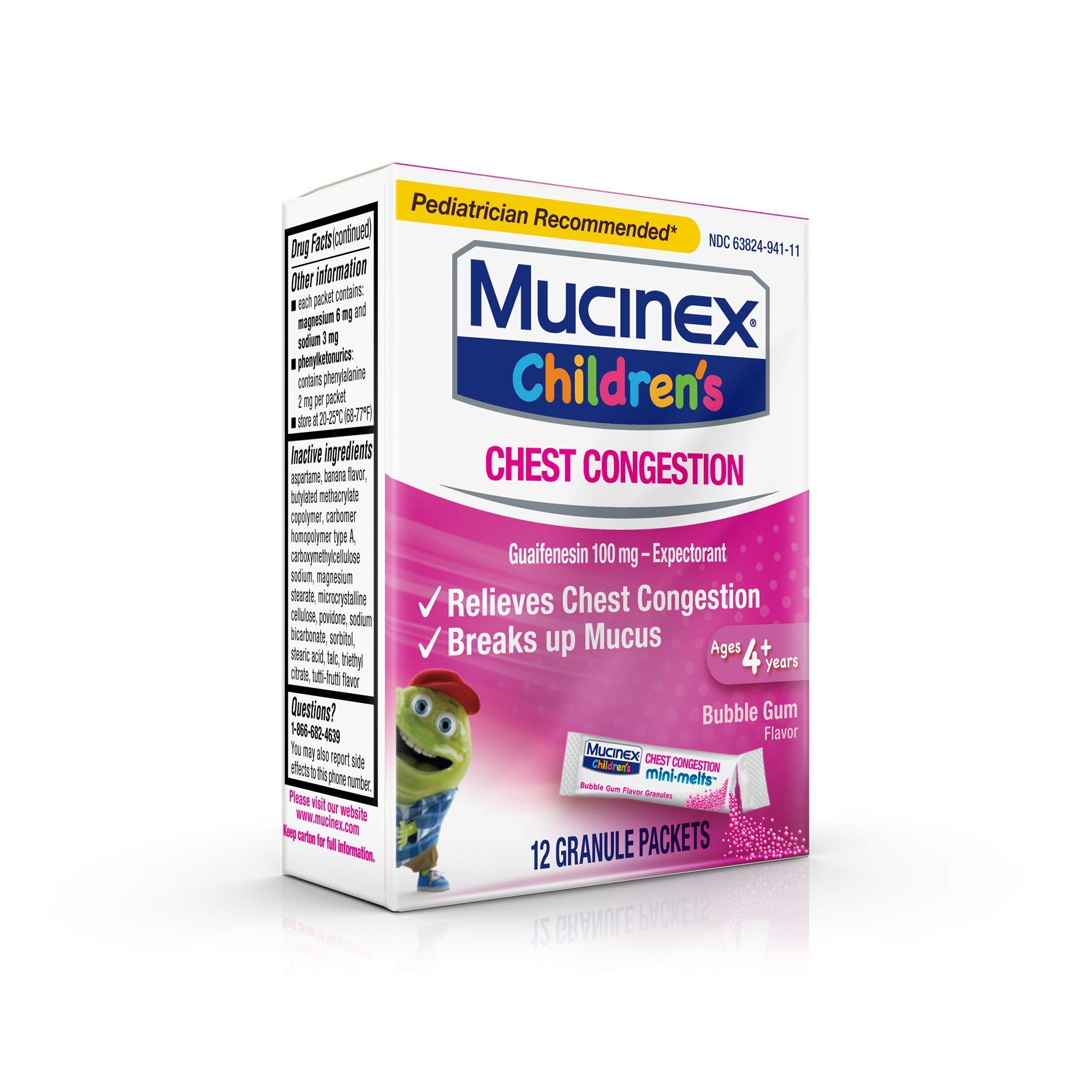 Mucinex Children?s Chest Congestion, Symptom Relief, Expectorant, Bubble Gum Flavor Mini-Melts, 12 Packets (Pack of 4)