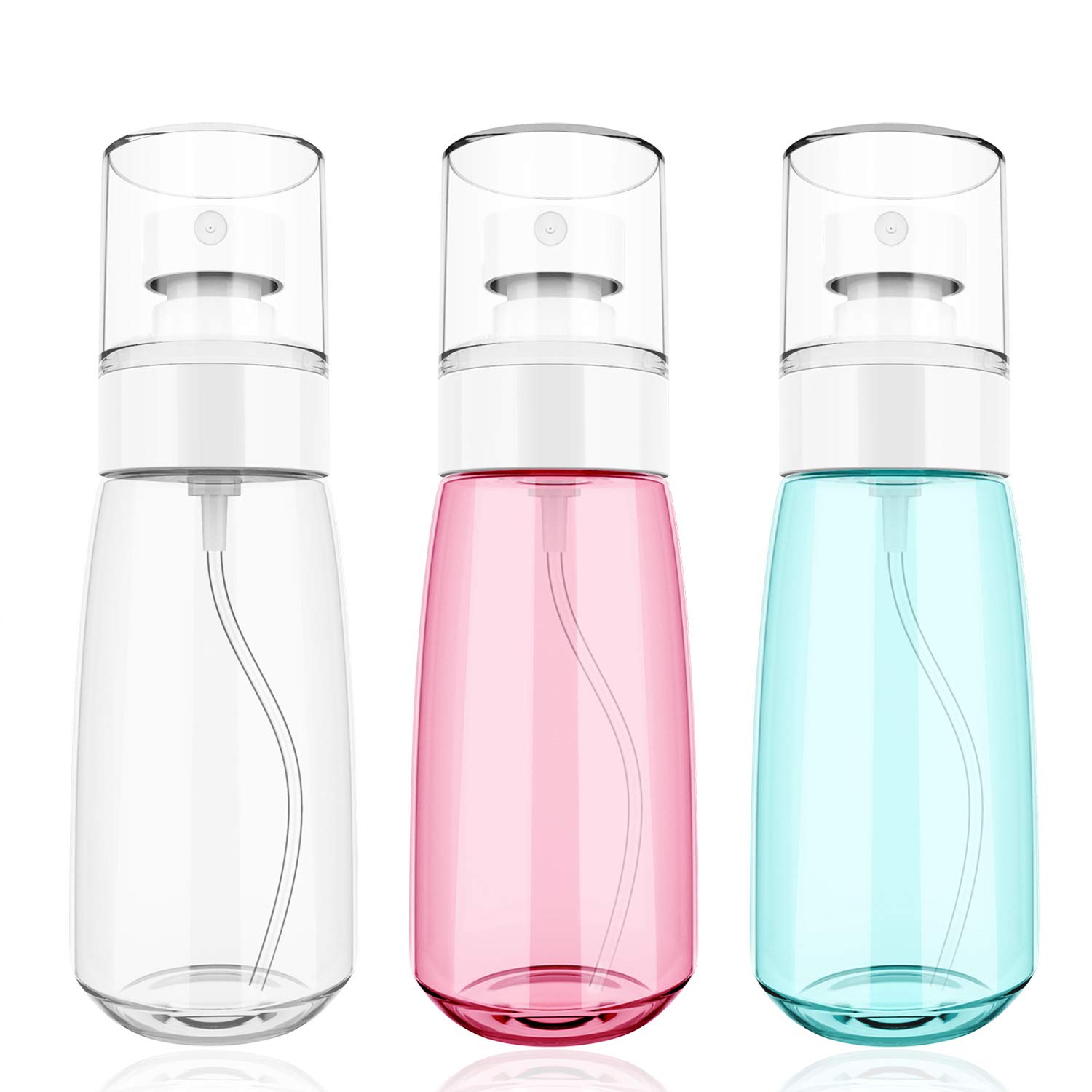 MoKo 3-pack Travel Fine Mist Spray Bottles, 2.03oz / 60ml Portable Refillable Spray Container Bottle Sprayer for Skincare Perfume Toning Lotion Toner Water Alcohol Makeup Remover, Green & Pink & White