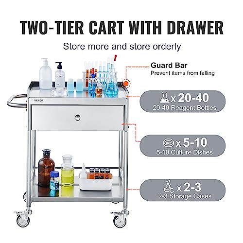 VEVOR Medical Trolley, Dual-Tier Stainless Steel Trolley with a 220 lbs Load Limit, Equipped with Quiet 360° Casters and a Drawer, Ideal for Laboratories, Clinics, Kitchens, and Salons