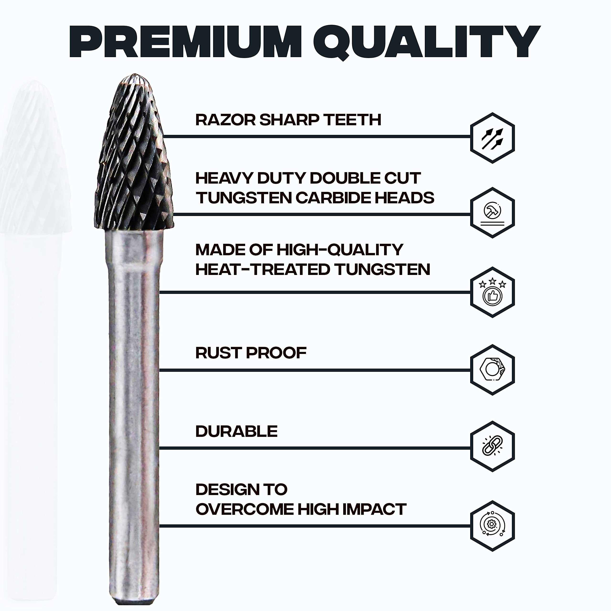 Tungsten Carbide Burr Set (YG10) β 1/4β Shank, Die Grinder Bits, Compatible with Dremel - 10 Pcs Double cut Carbide Rotary Burr Set for Grinding, Carving and Engraving